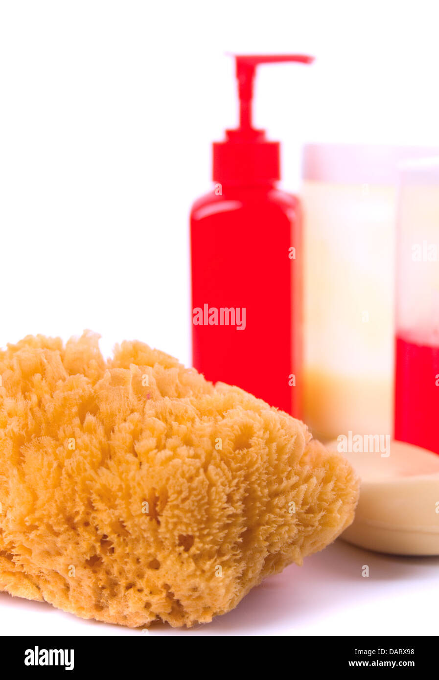 natural sponge, soap and body lotion Stock Photo - Alamy