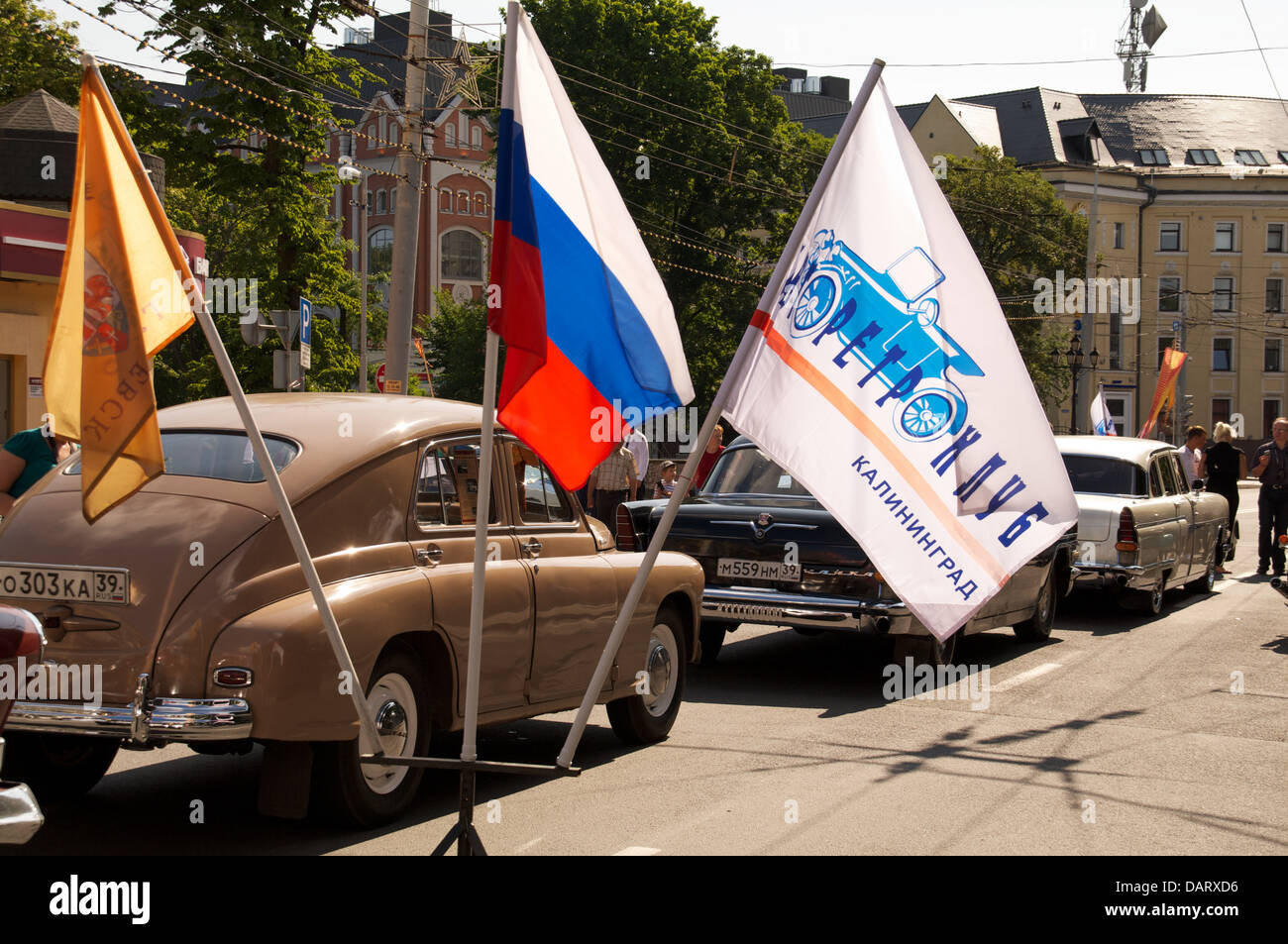 soviet russian retro cars with flags on street Stock Photo - Alamy