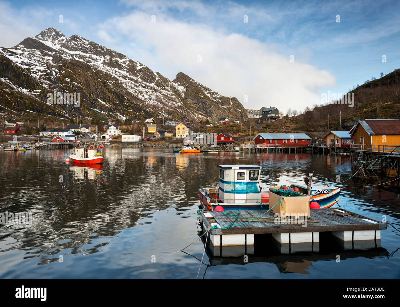 The pretty harbour at Mosknes on the Lofoten Islands, Norway with ...