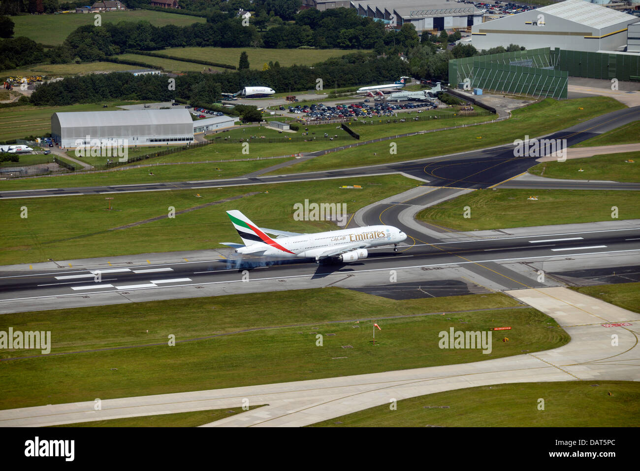 Emirates Airbus A380 Landing at Manchester International Airport aerial ...