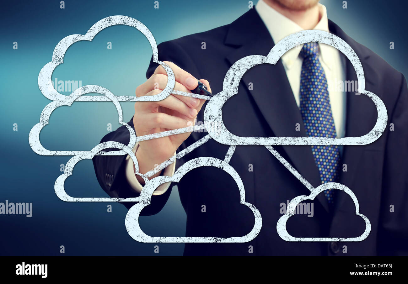 Cloud flow chart with businessman on blue background Stock Photo - Alamy