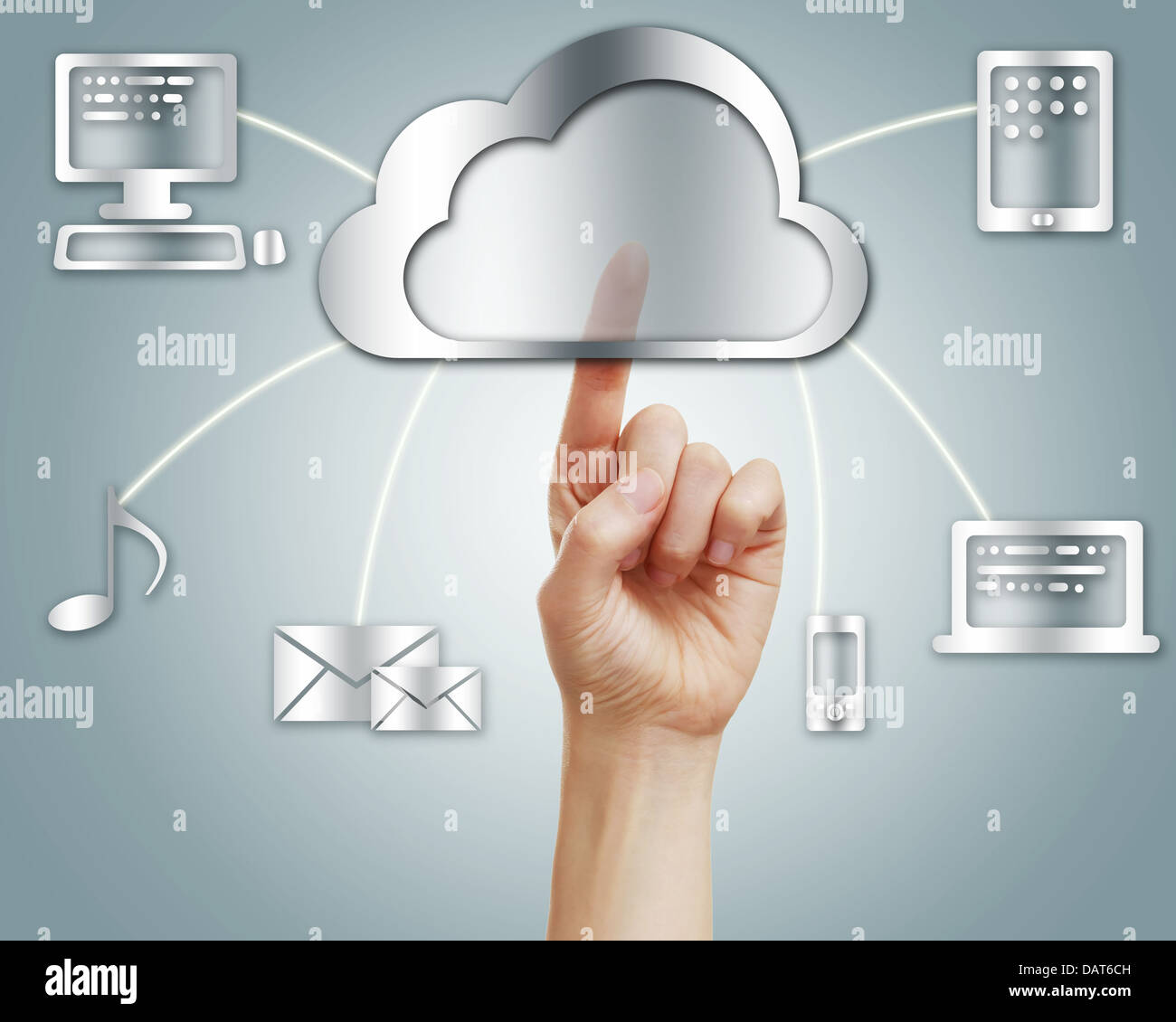 Hand with cloud computing concept in silver background Stock Photo - Alamy