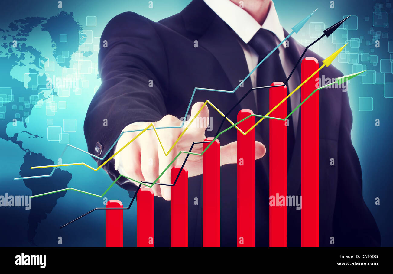 Businessman with Rising Graph over World Map Background Stock Photo - Alamy