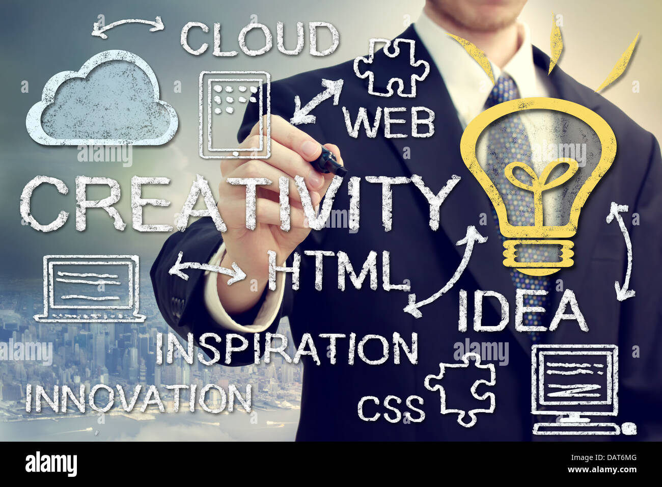 Creativity and cloud computing concept with city backdrop Stock Photo ...