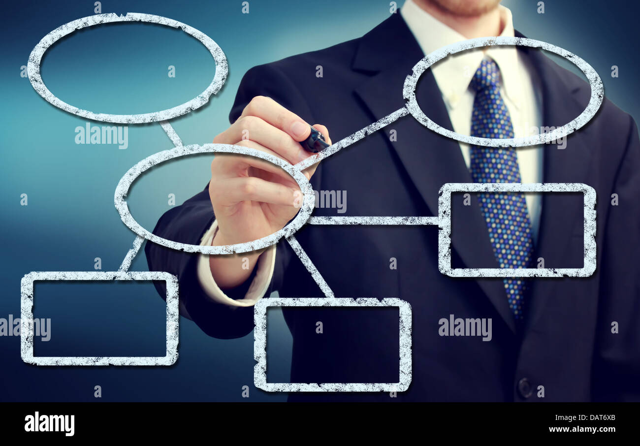 Businessman drawing flowchart with a blue background Stock Photo - Alamy