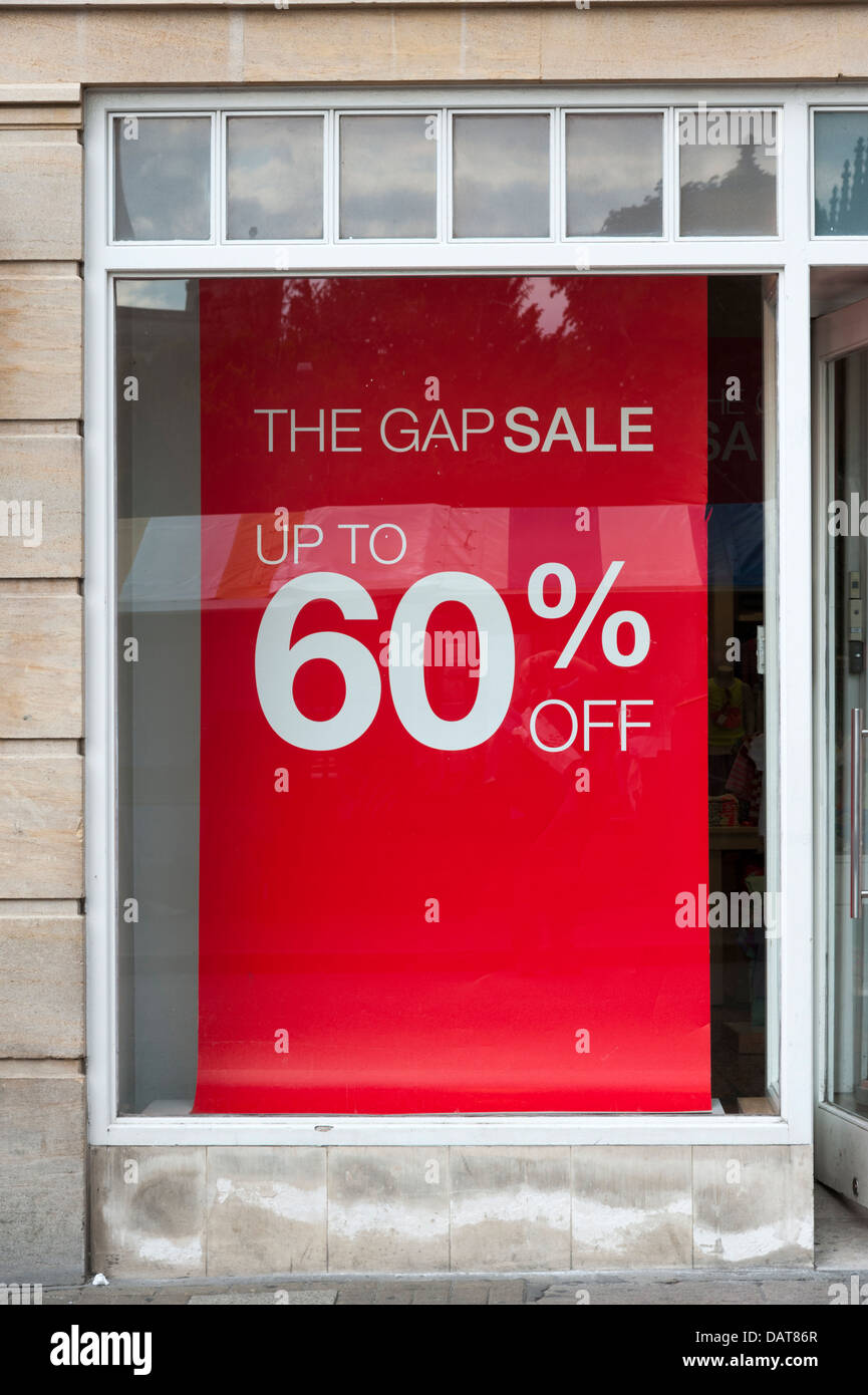 The Gap sale, signs in the window of the clothing shop Cambridge UK ...