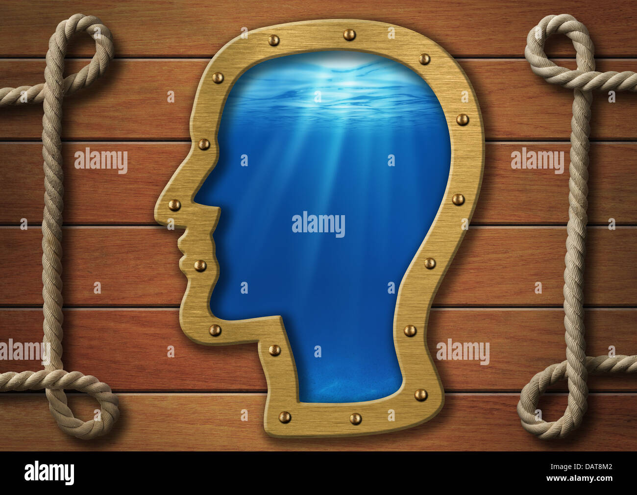 The inner world concept. Head porthole on wooden wall and sea or ocean ...