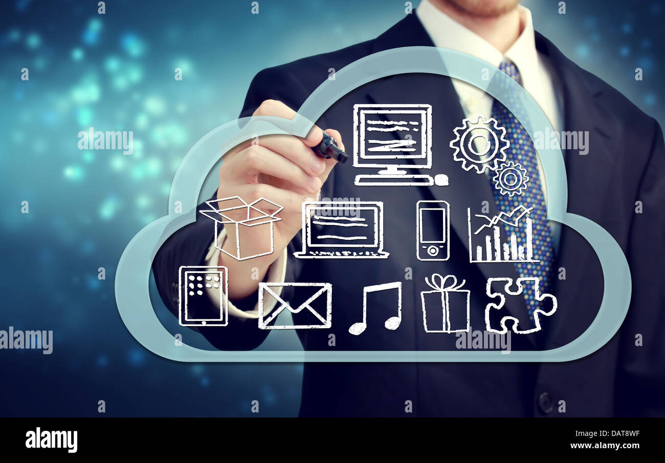 Businessman with cloud computing concept on blue background Stock Photo ...