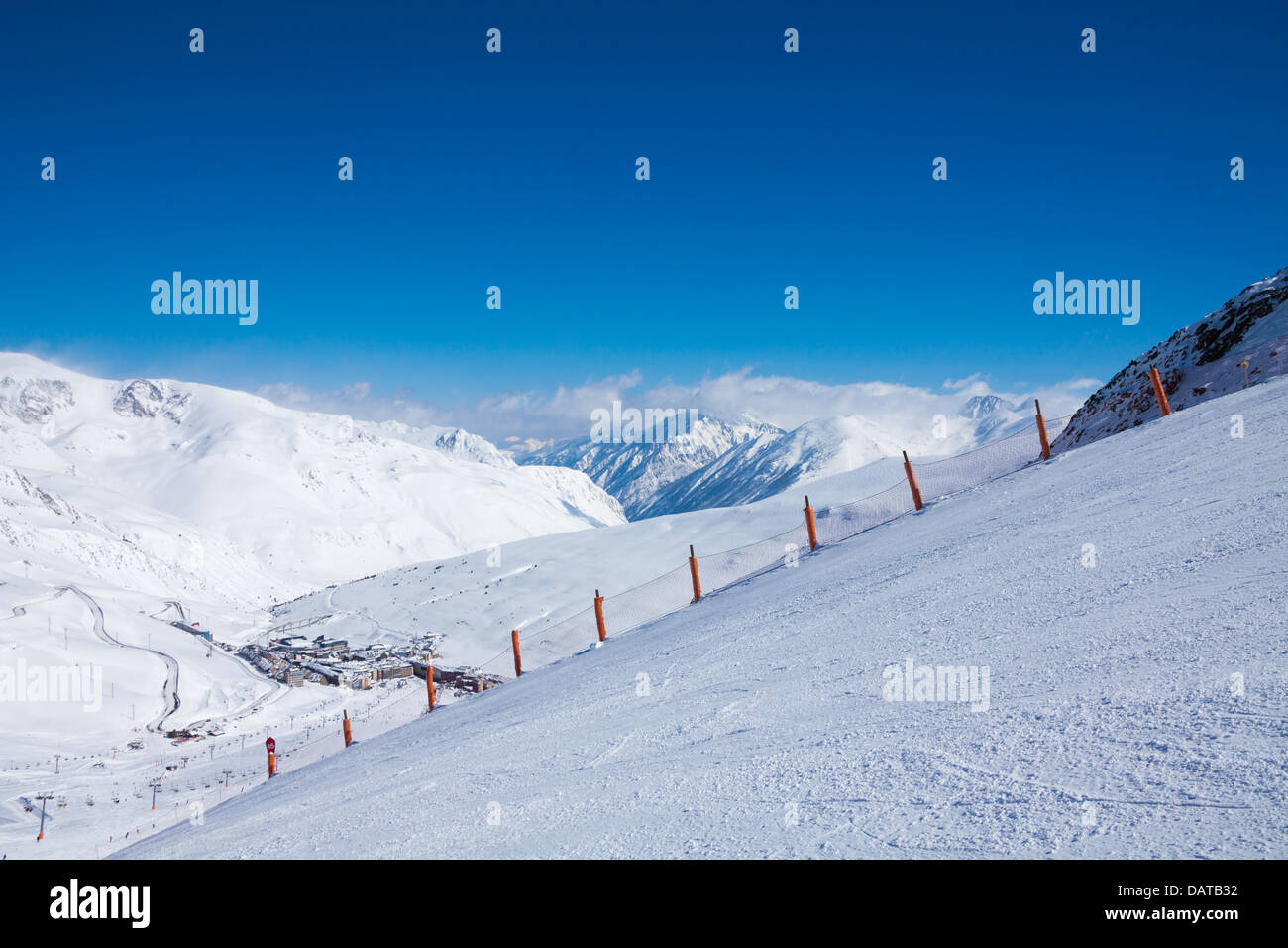 Ski piste for sking in mountains with panoramic landcape Stock Photo ...