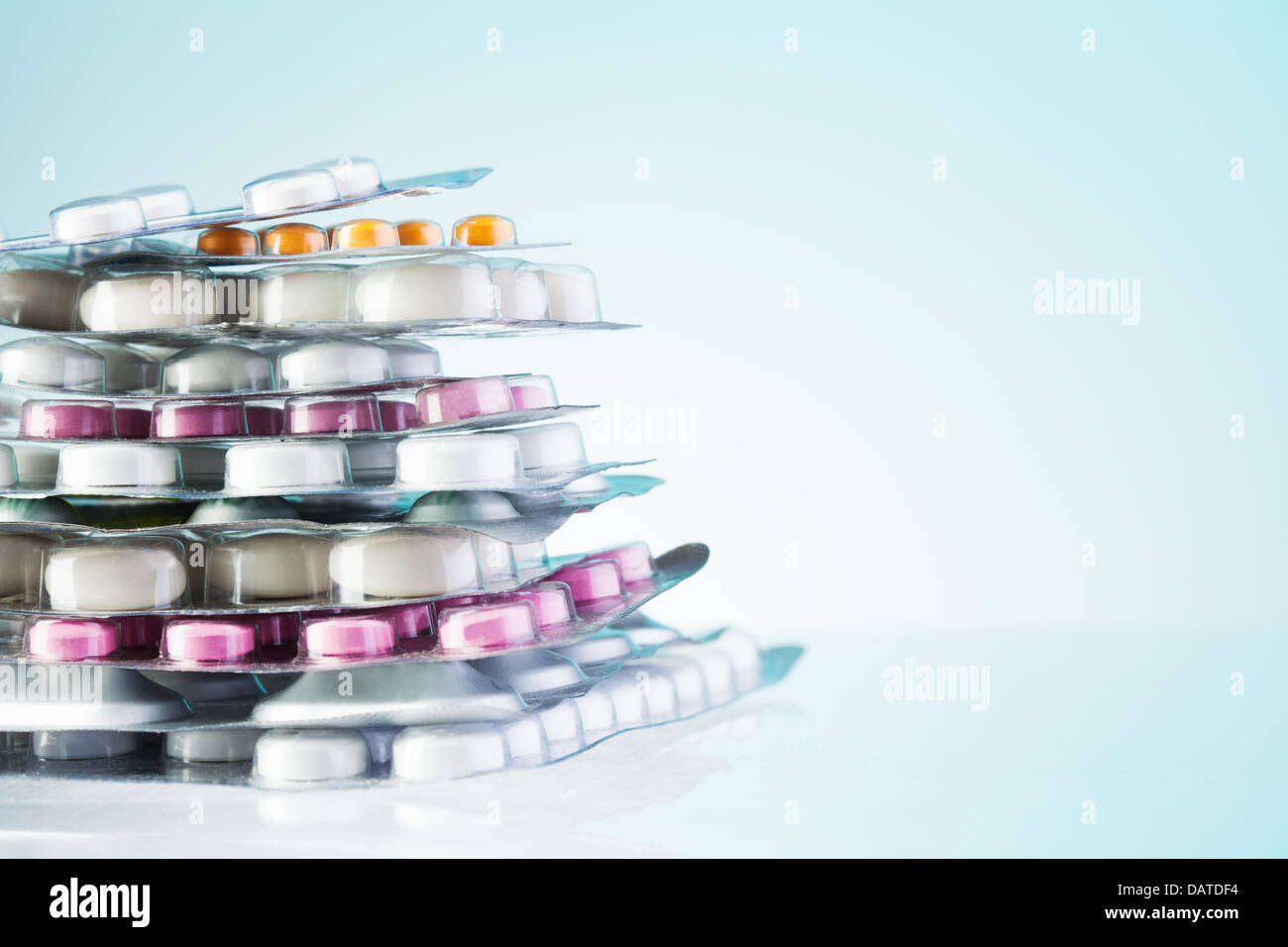 Close-up of package of different drugs stack laying on the table with ...