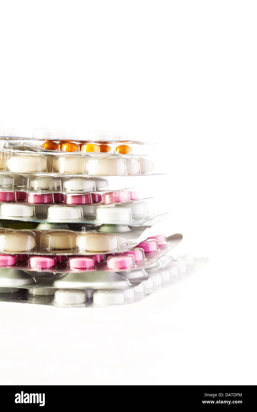 Close-up of package of different drugs stack laying on the table with ...