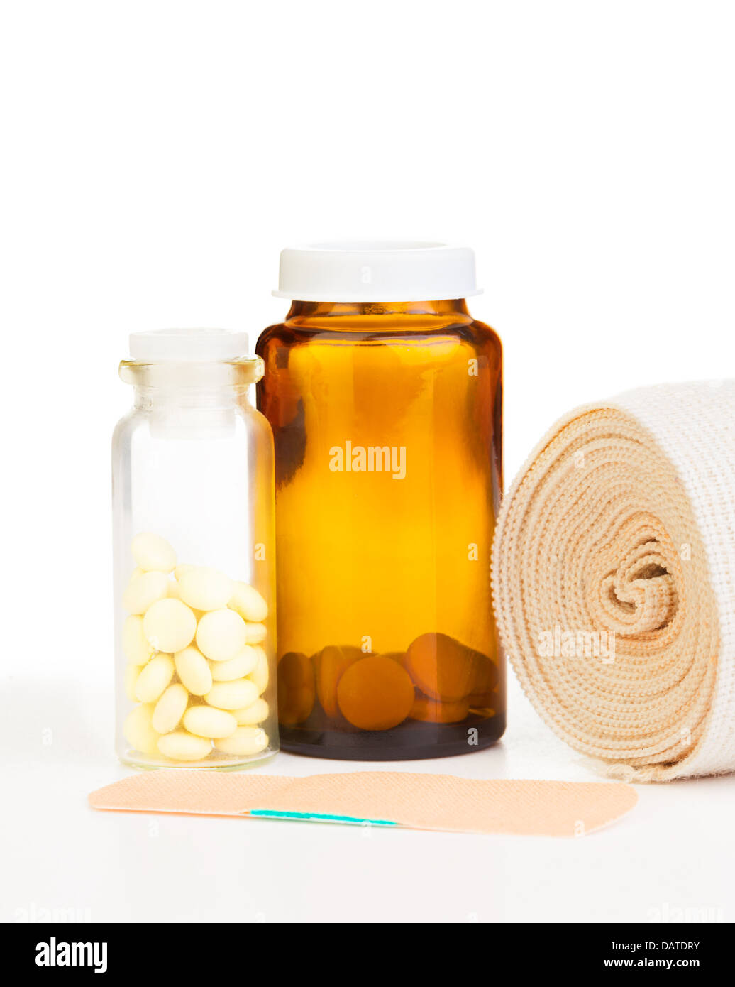 Medicinal tools for injury, bandage, patch and tablets, isolated on ...