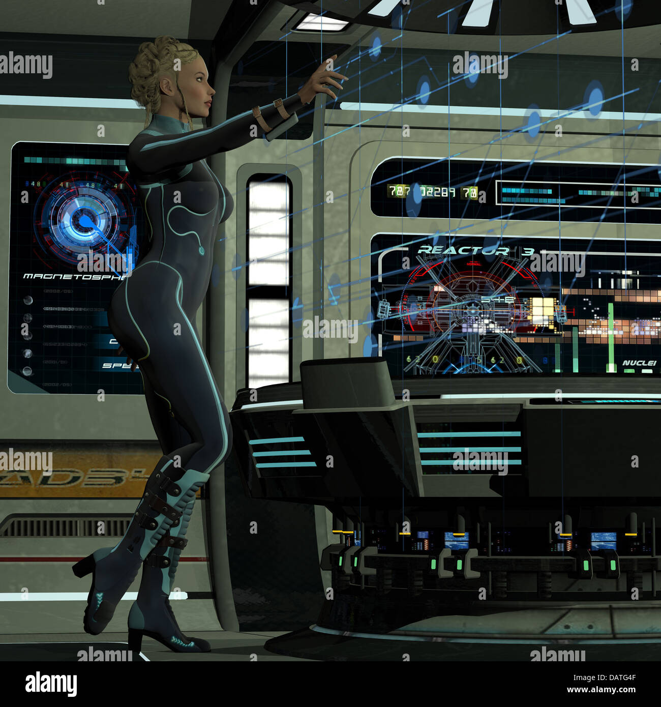 A young woman in command of operations on a spaceship uses a hologram ...