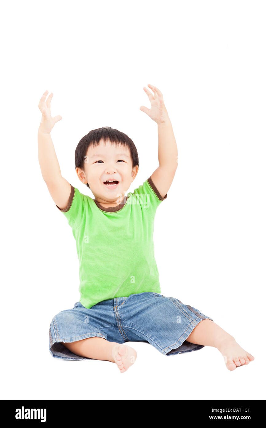 happy boy raising hand Stock Photo - Alamy