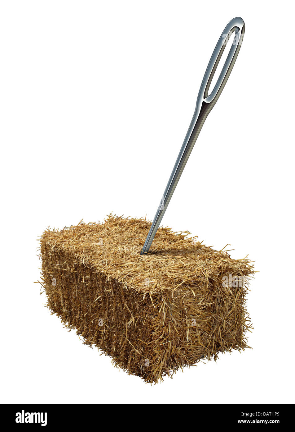 Needle in a haystack business or lifestyle concept with a giant sewing ...