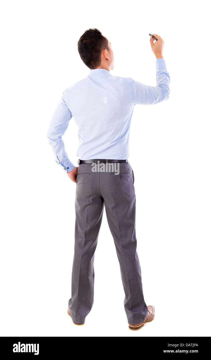 Rear view man writing on glass board Stock Photo - Alamy