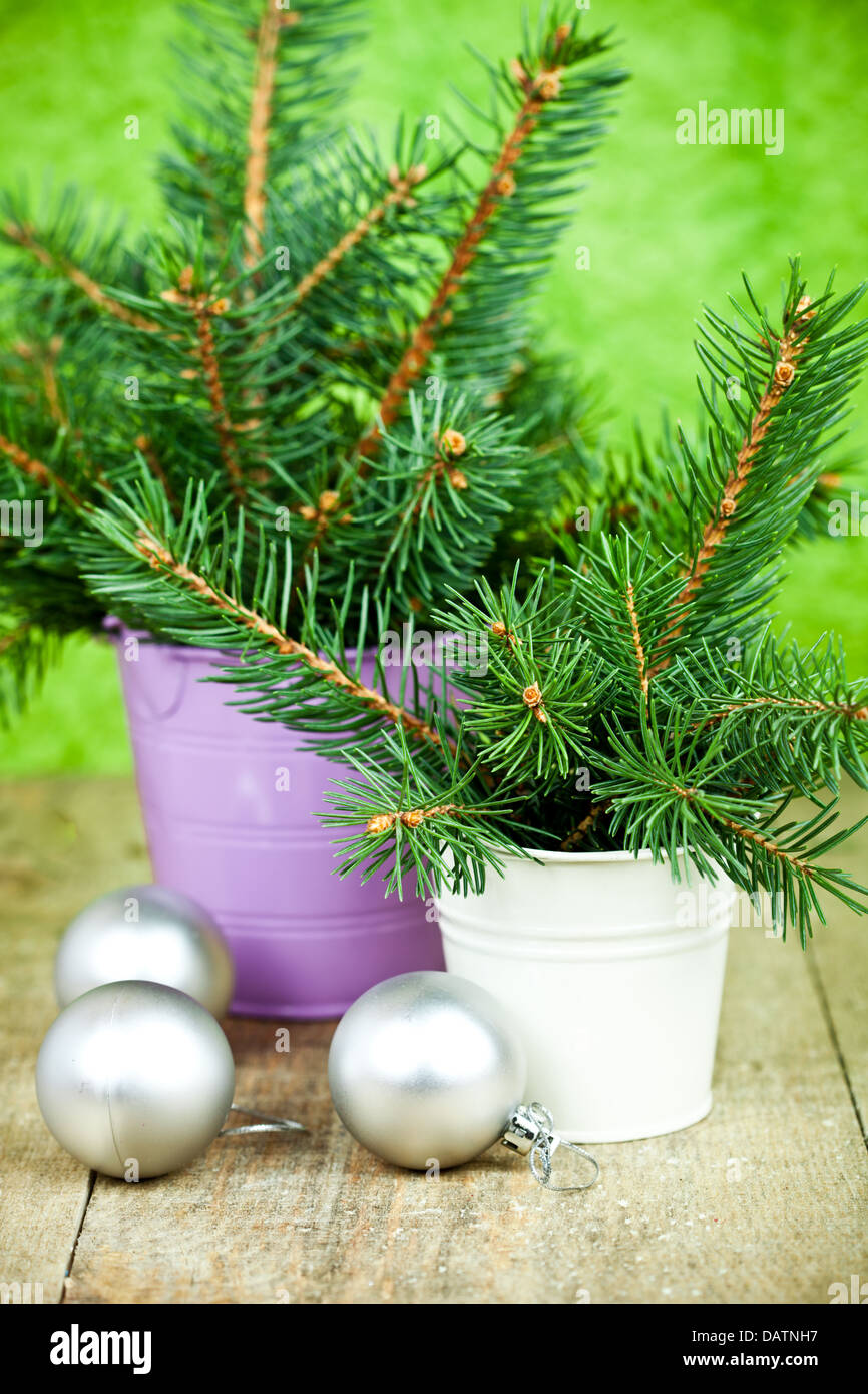 buckets with christmas fir tree and decorations Stock Photo - Alamy