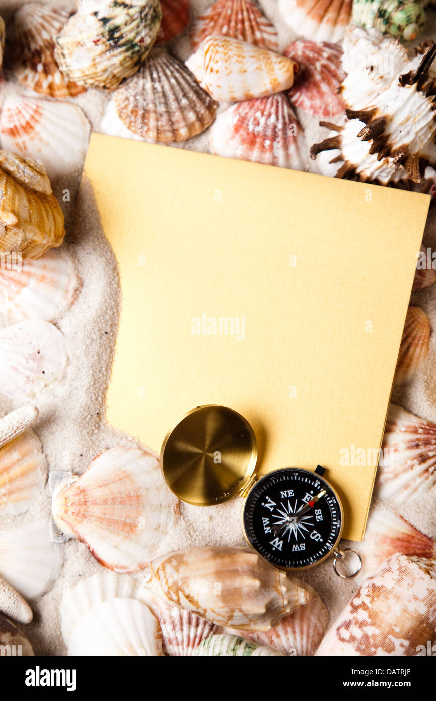 Sands, messages, shells and best from holidays Stock Photo - Alamy