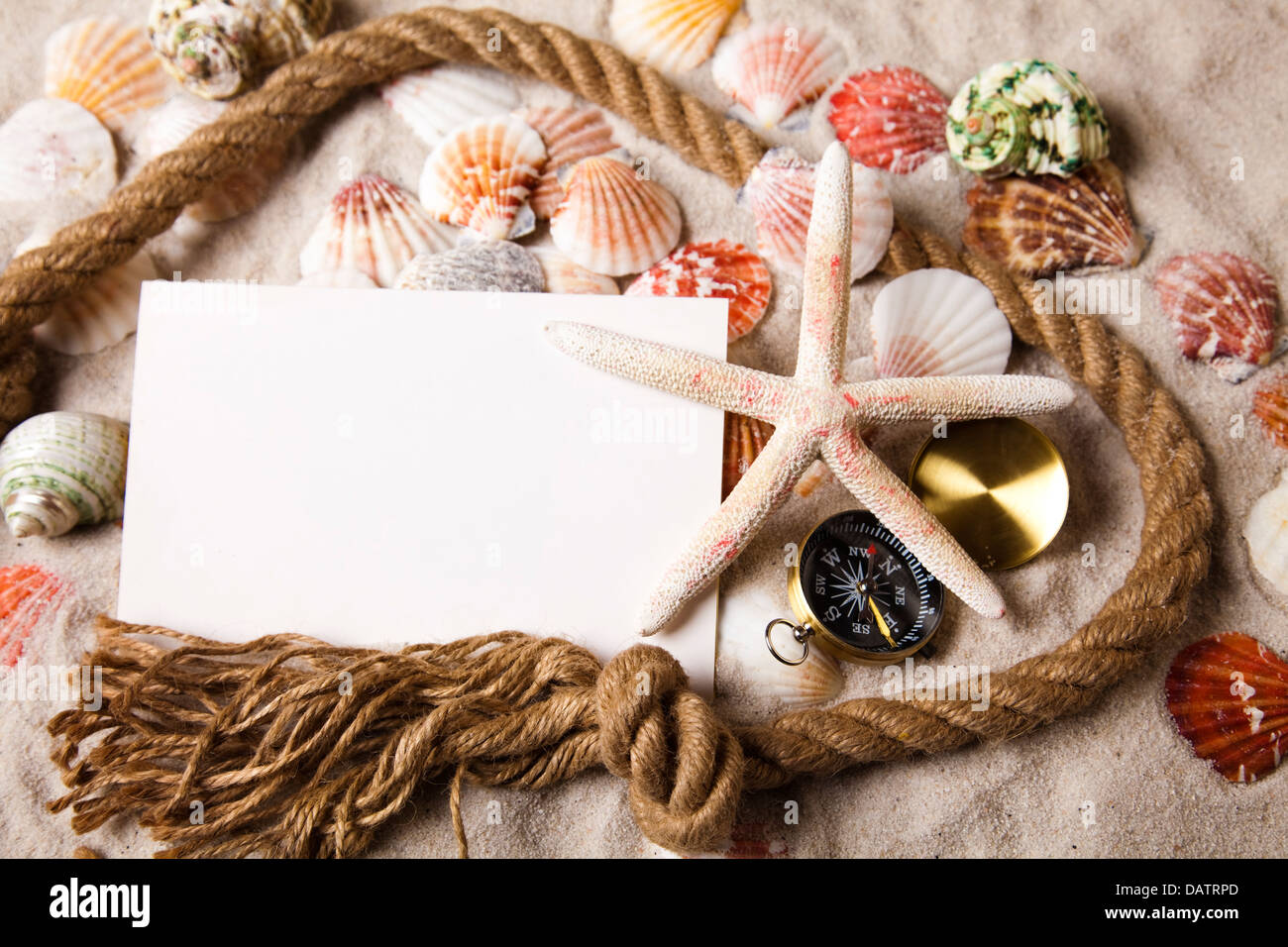 Shell, sand & sheet of paper Stock Photo - Alamy