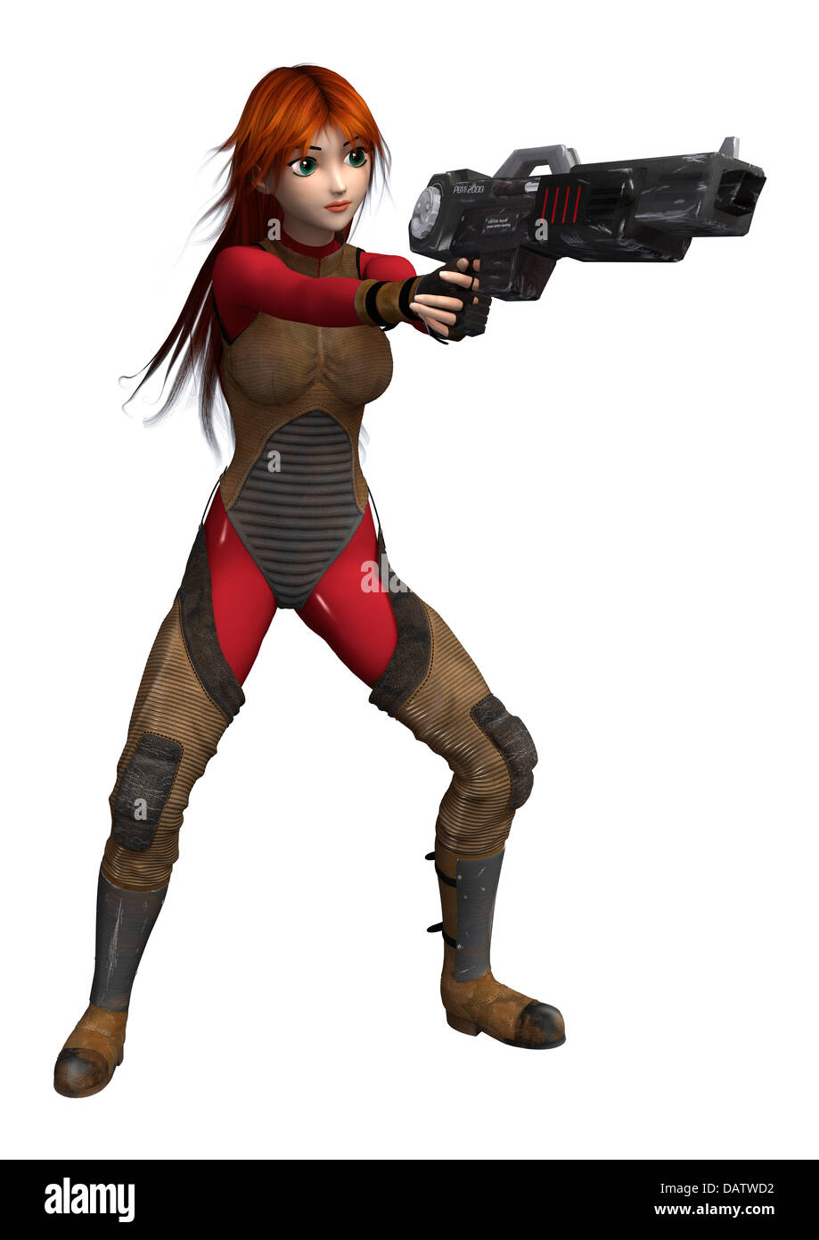 3D digital render of a female Super Hero holding a gun isolated on ...