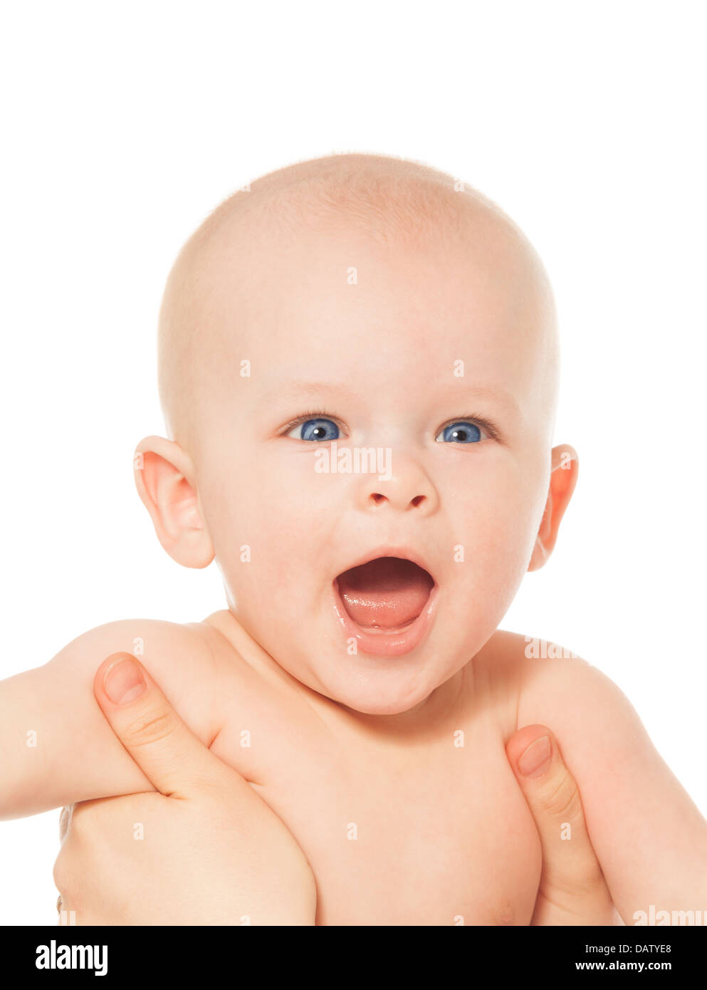 Little happy baby yawning - close portrait on white Stock Photo - Alamy