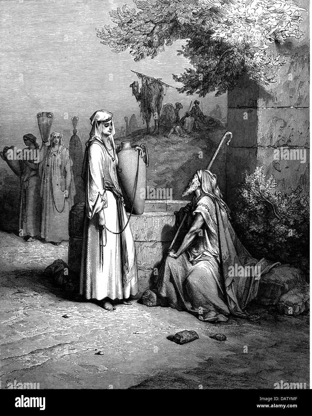 religion, biblical scenes, "Rebecca at the fountain", wood engraving to ...
