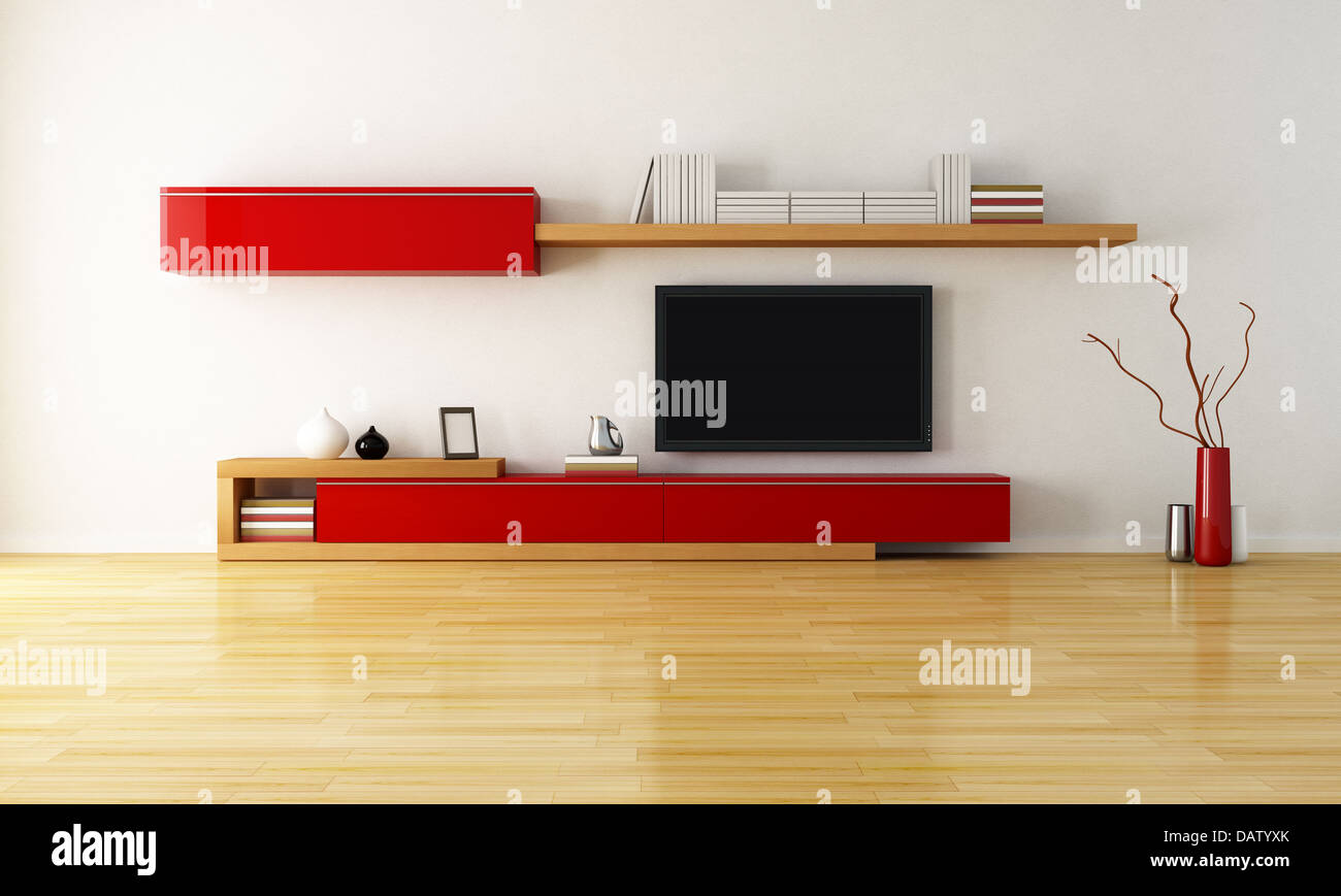 empty living room with shelves cabinet and TV - rendering Stock Photo ...