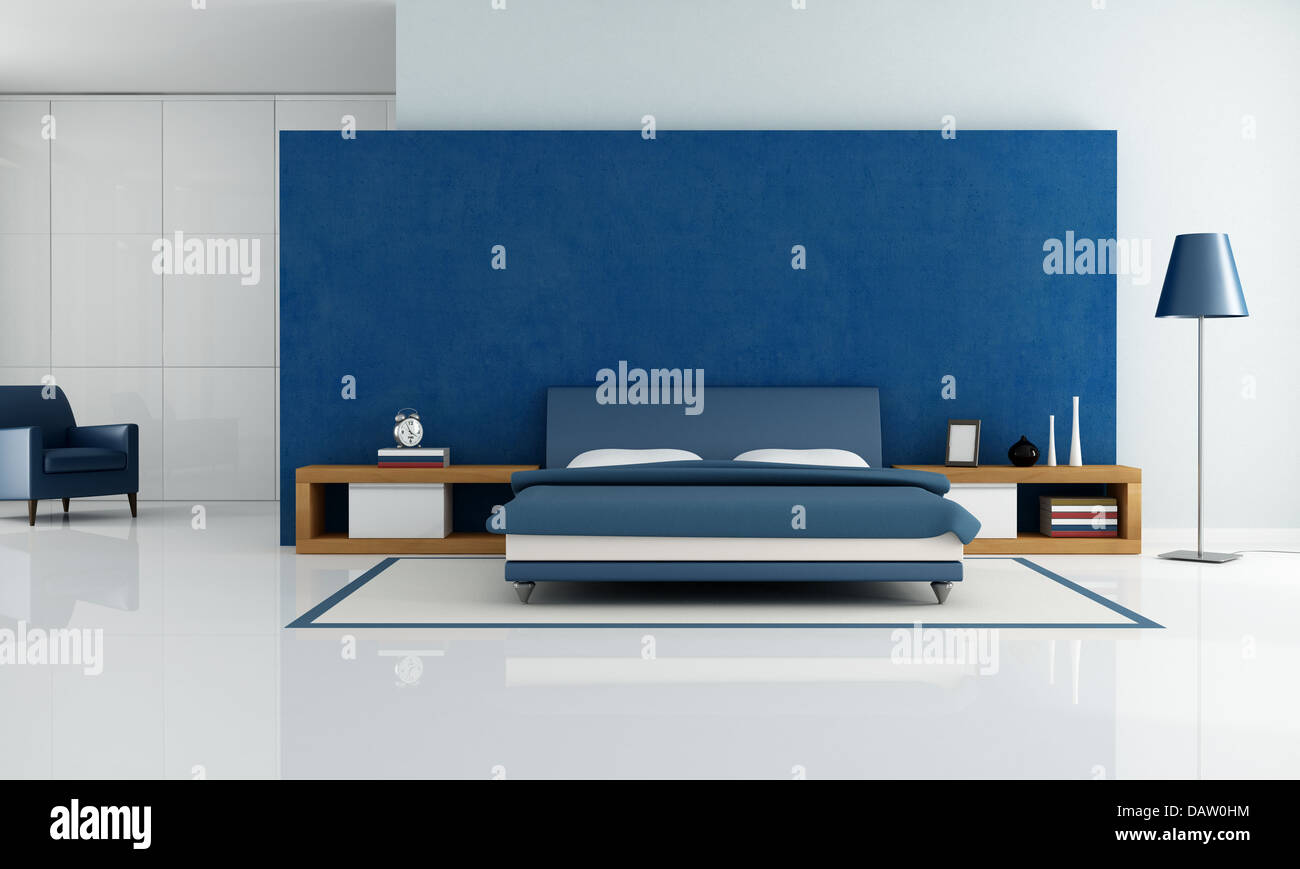 blue contemporary bedroom with modern double bed - rendering Stock ...