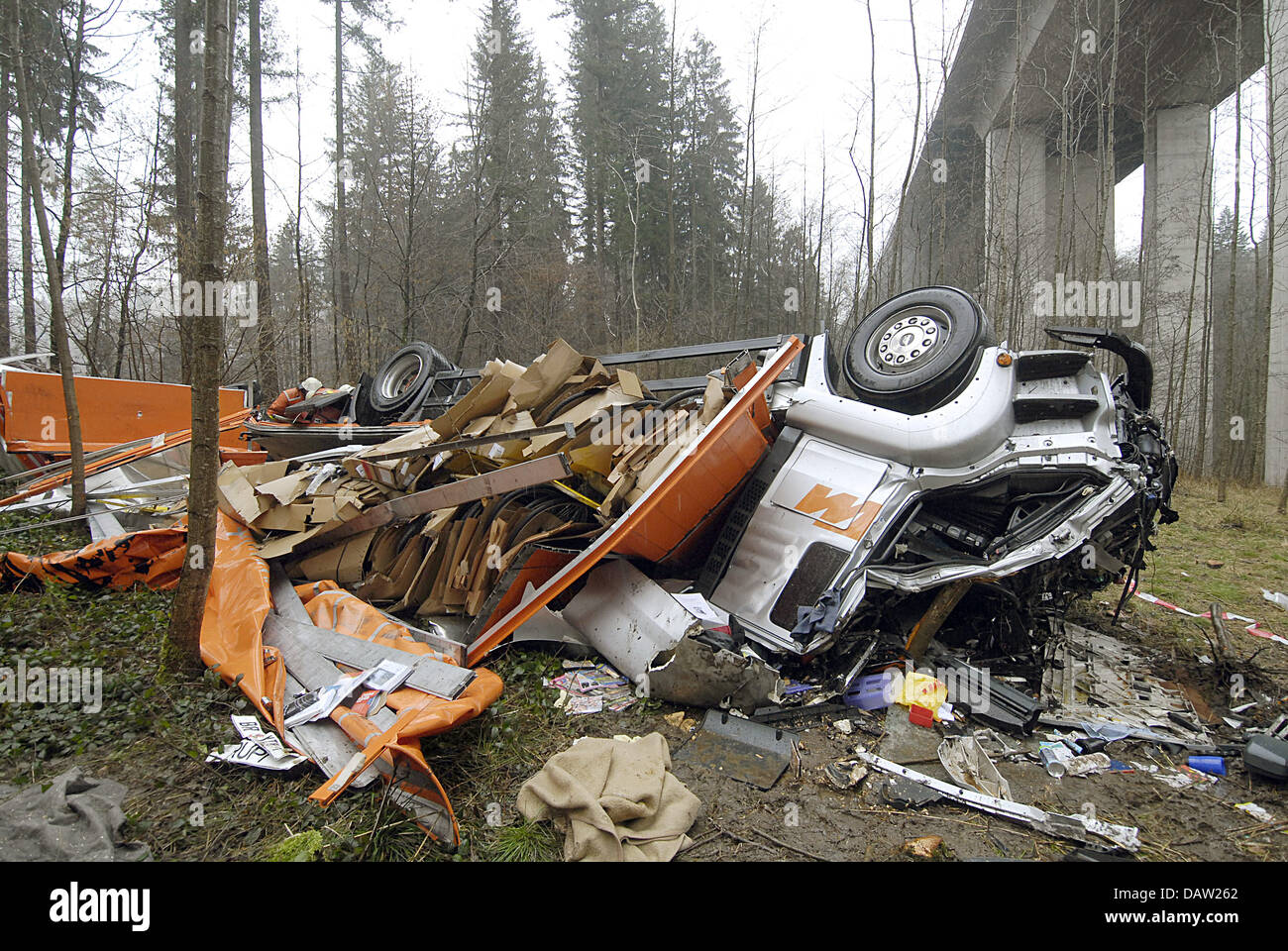 A lorry fell off the autobahn A96 bridge near Neuravensburg, Germany ...