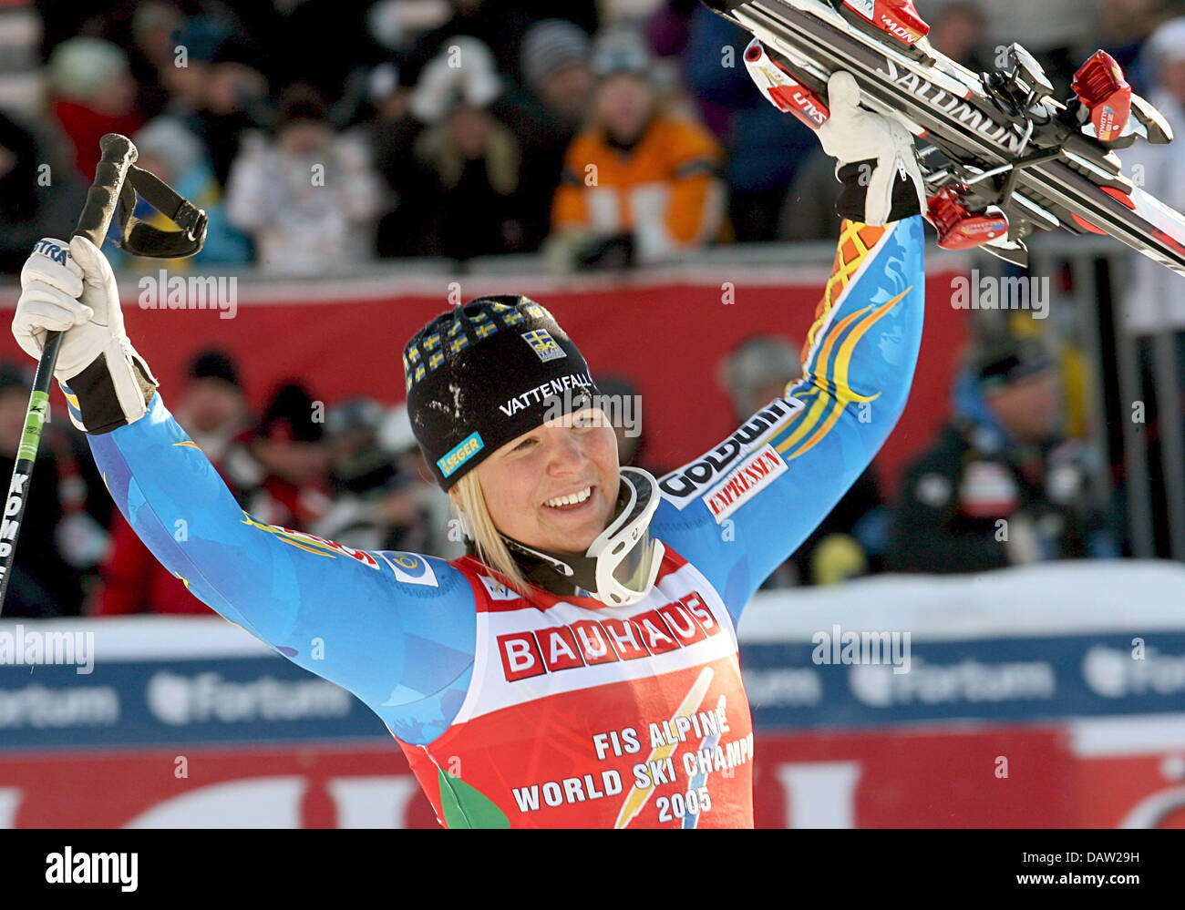 Anja Paerson from Sweden celebrates winning the Ladies' Super G of the ...