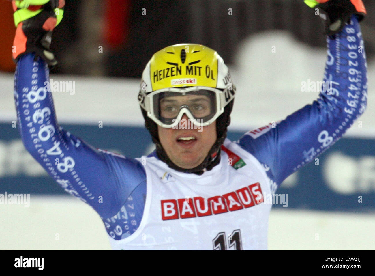 Daniel Albrecht of Switzerland celebrates in the finish area of the Men ...