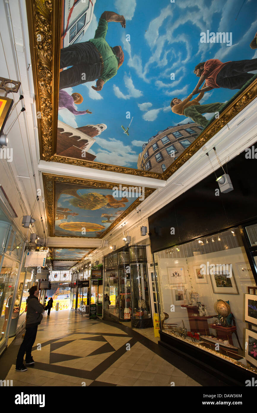 UK, England, Birmingham, New Street, Piccadilly Arcade painted ceiling ...