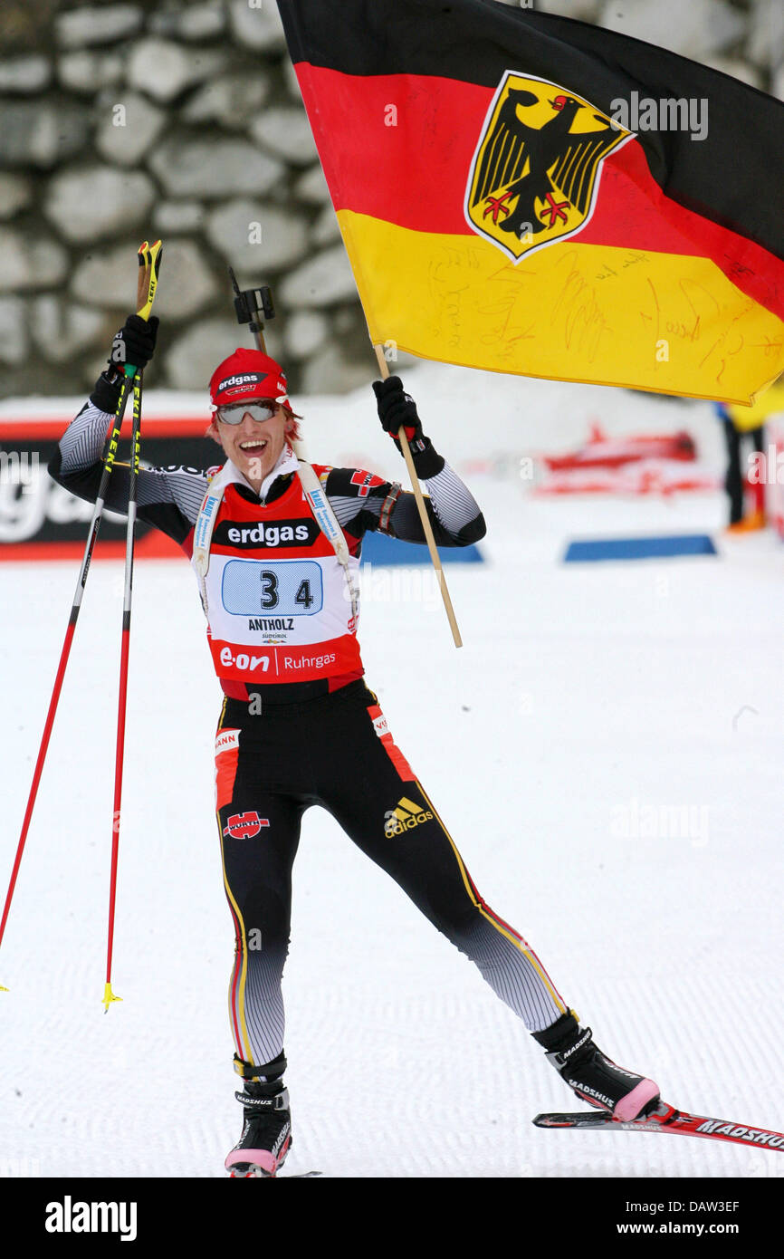 German biathlete Kati Wilhelm cheers the team winning the relay women ...