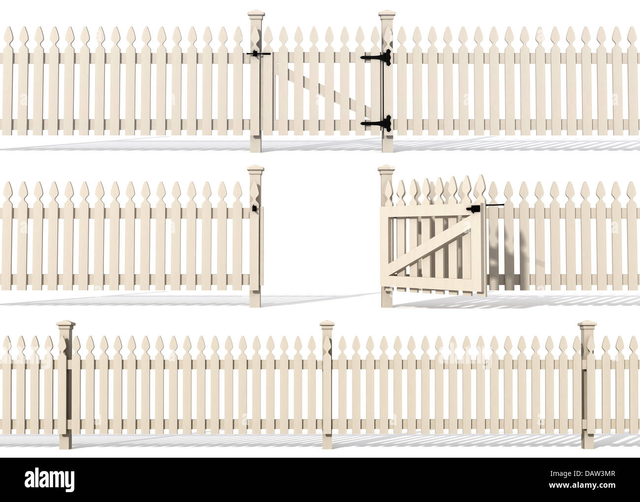 set of wooden fence on white background - rendering Stock Photo - Alamy