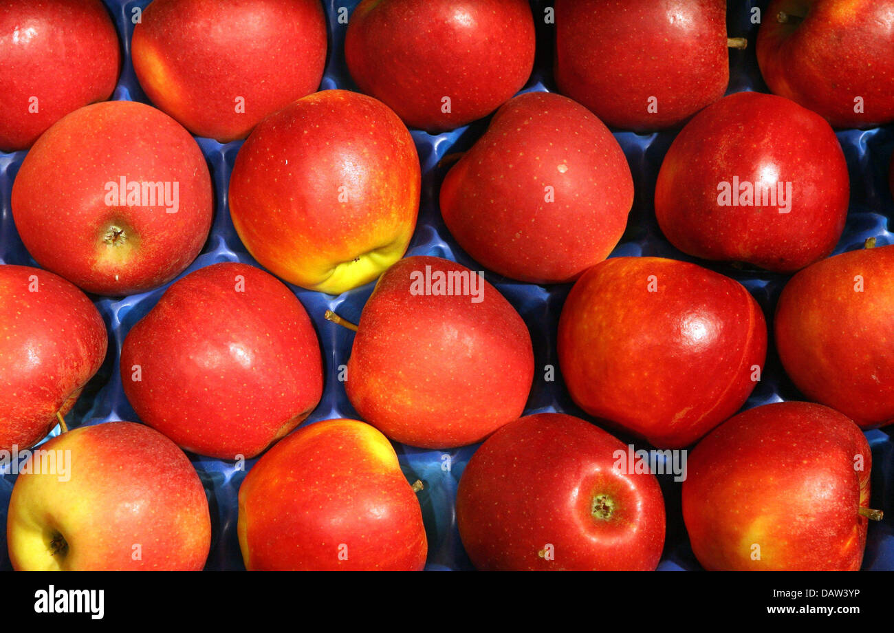 Red apples without visible stickers shown at the fruit-and-vegetable ...