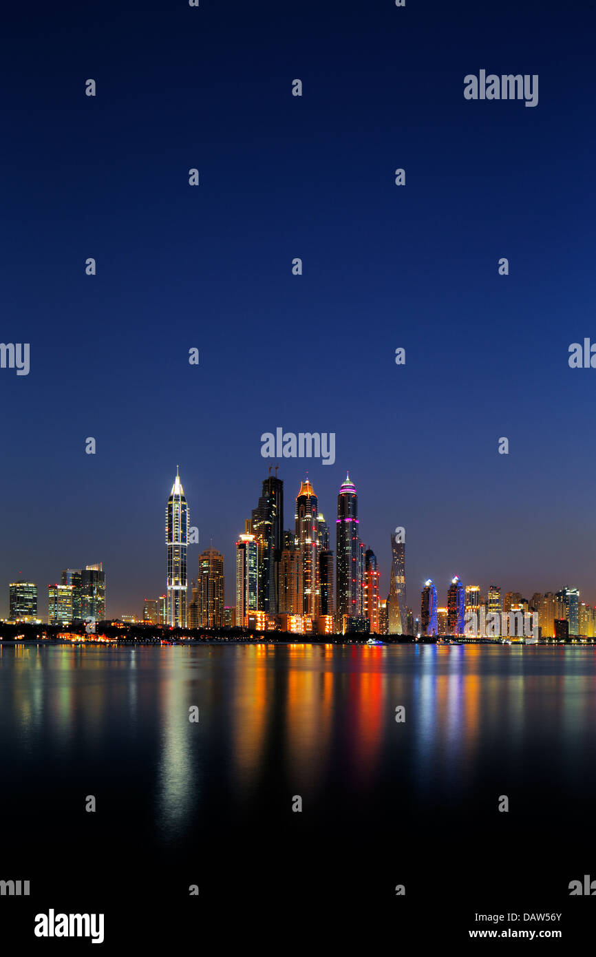 Dubai Marina, UAE at dusk as seen from Palm Jumeirah, this skyline view ...