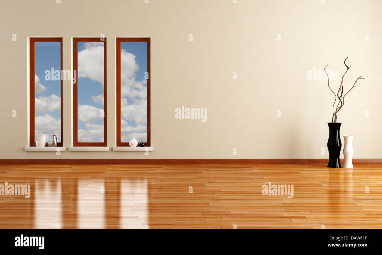 empty minimalist room with three wooden windows - rendering Stock Photo ...