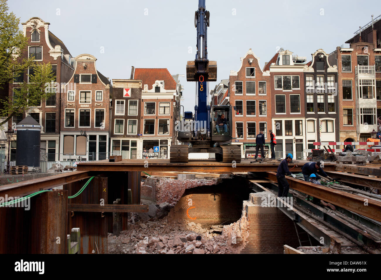 Construction site of a bridge over Singel canal in Amsterdam ...