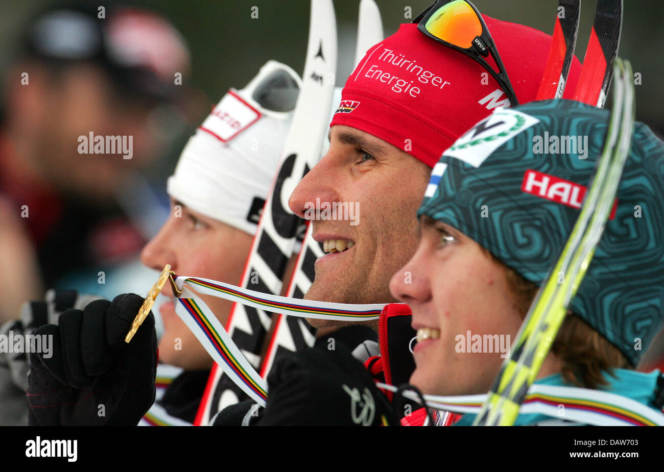 Nordic combined podium (L-R) US Bill Demong (second), Ronny Ackermann ...