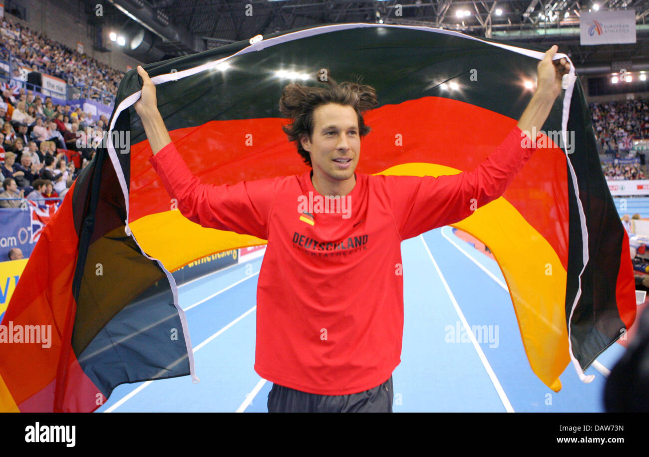 German pole vaulter Danny Ecker cheers winning the Pole Vault event of ...