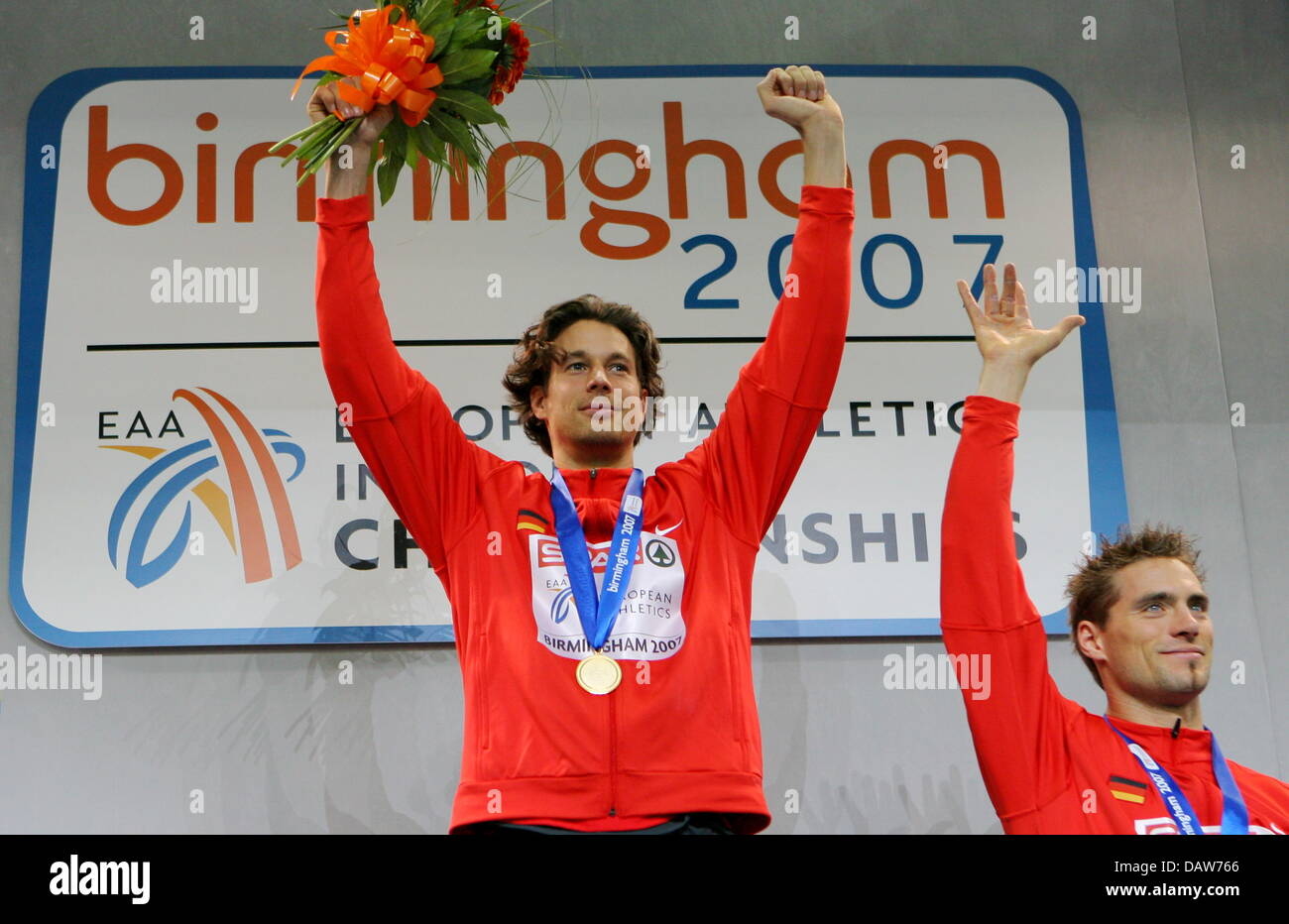 German pole vaulters Bjoern Otto (R) and Danny Ecker (L) present their ...