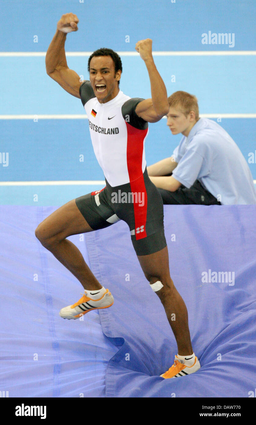 German decathlete Jacob Minah celebrates during the decathlon pole ...