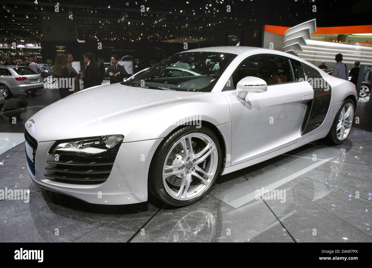 A new Audi R8 sports car is on display at the Audi stand at 77th ...