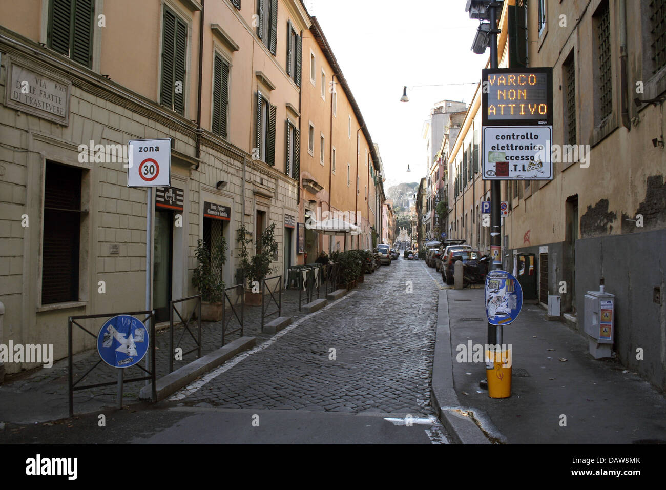 A typical street in the Trastevere quarter of Rome, barred for normal ...