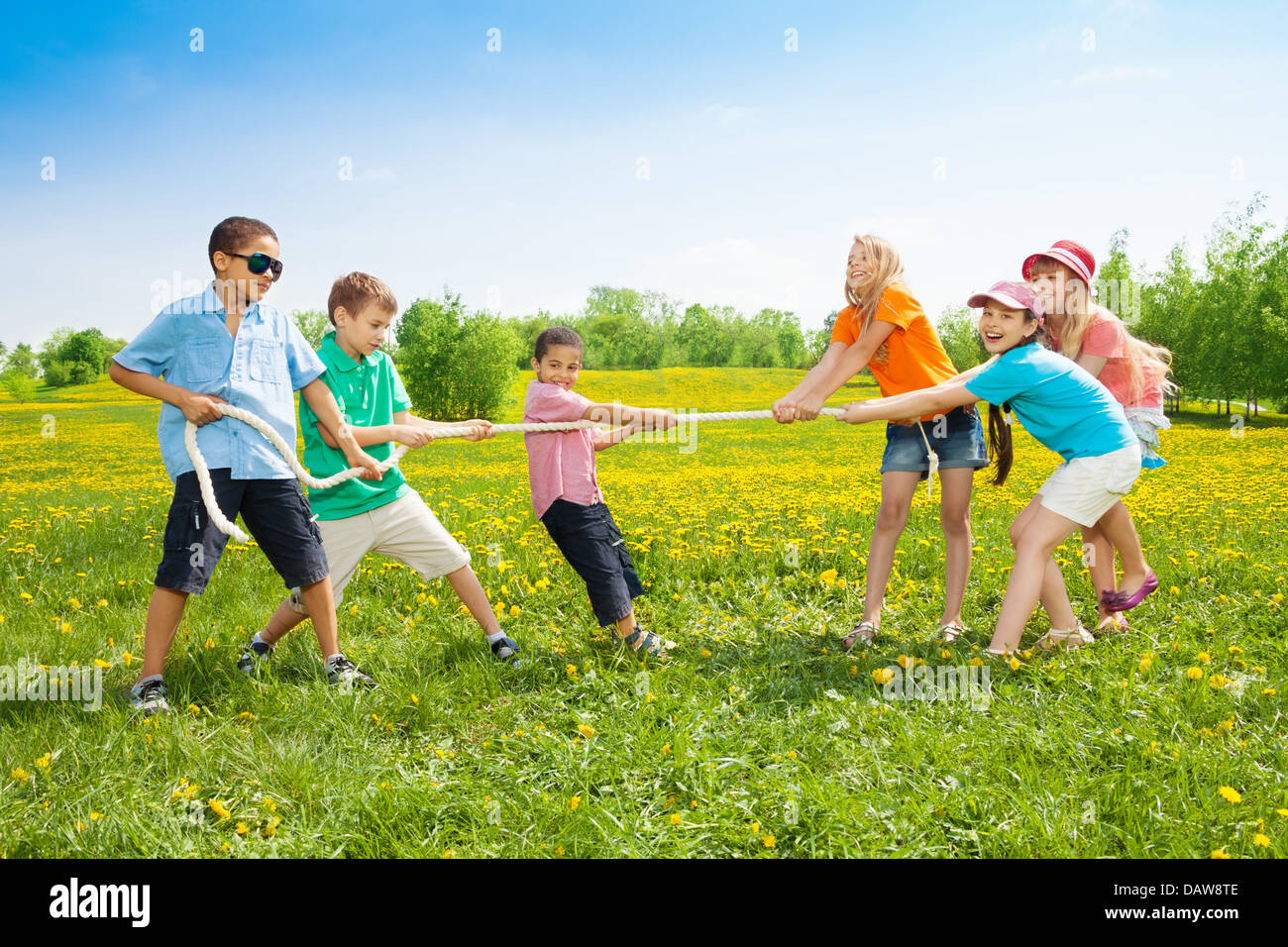 Group of kids playing pulling the rope in the dandelion field Stock ...