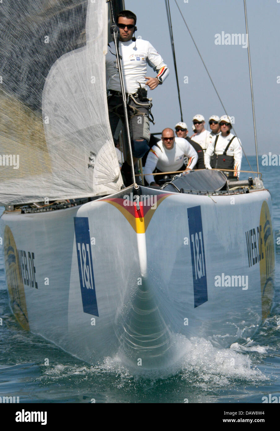 German yacht GER 89 sails to a training session off the shores of ...