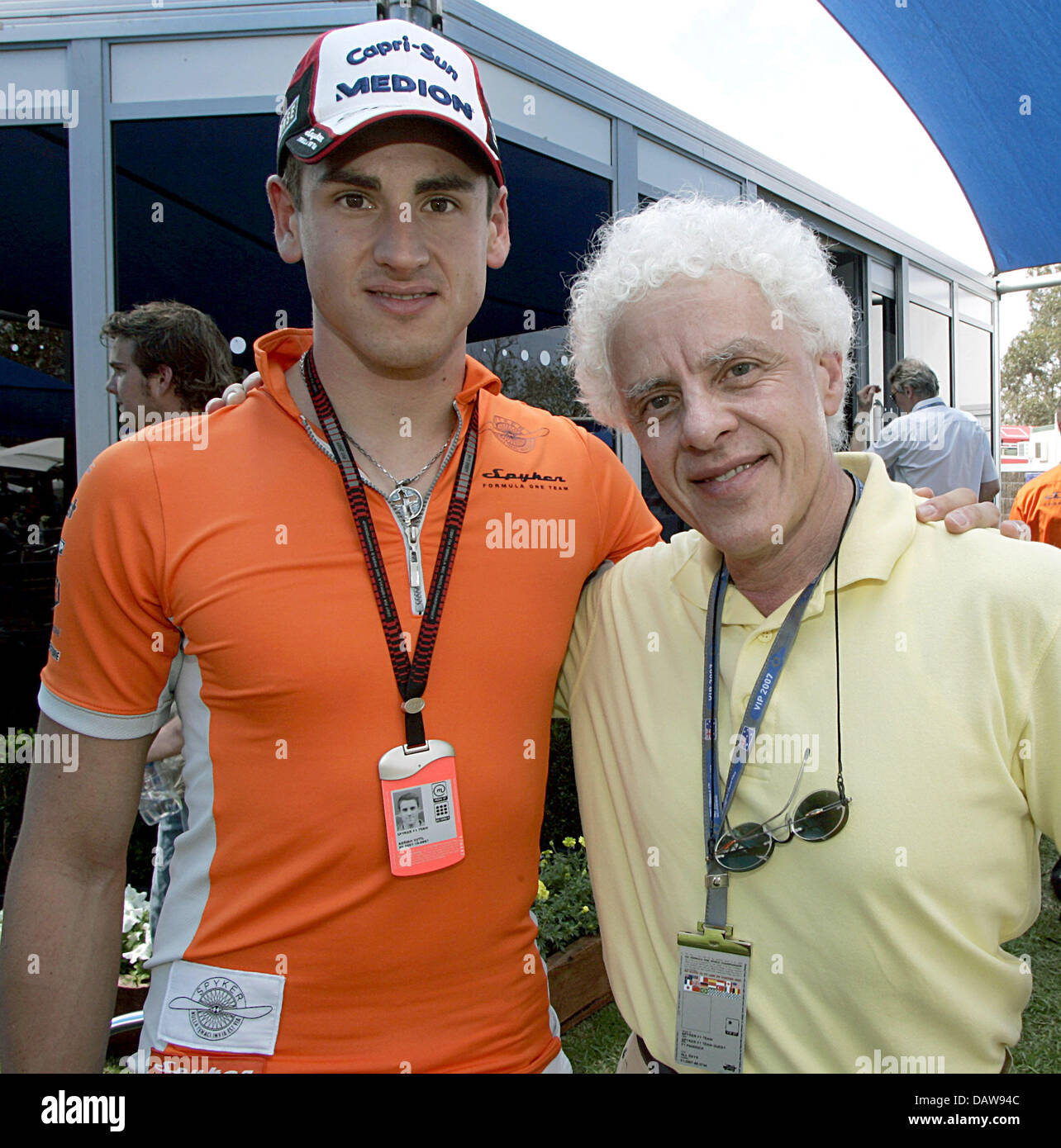 German Formula One rookie Adrian Sutil (L) of Spyker F1 Team and his ...