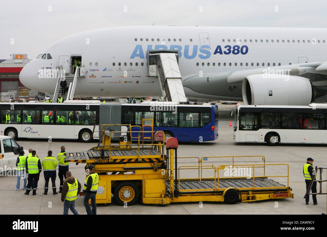 The new wide-bodied aircraft Super-Airbus A380 pictured after landing ...