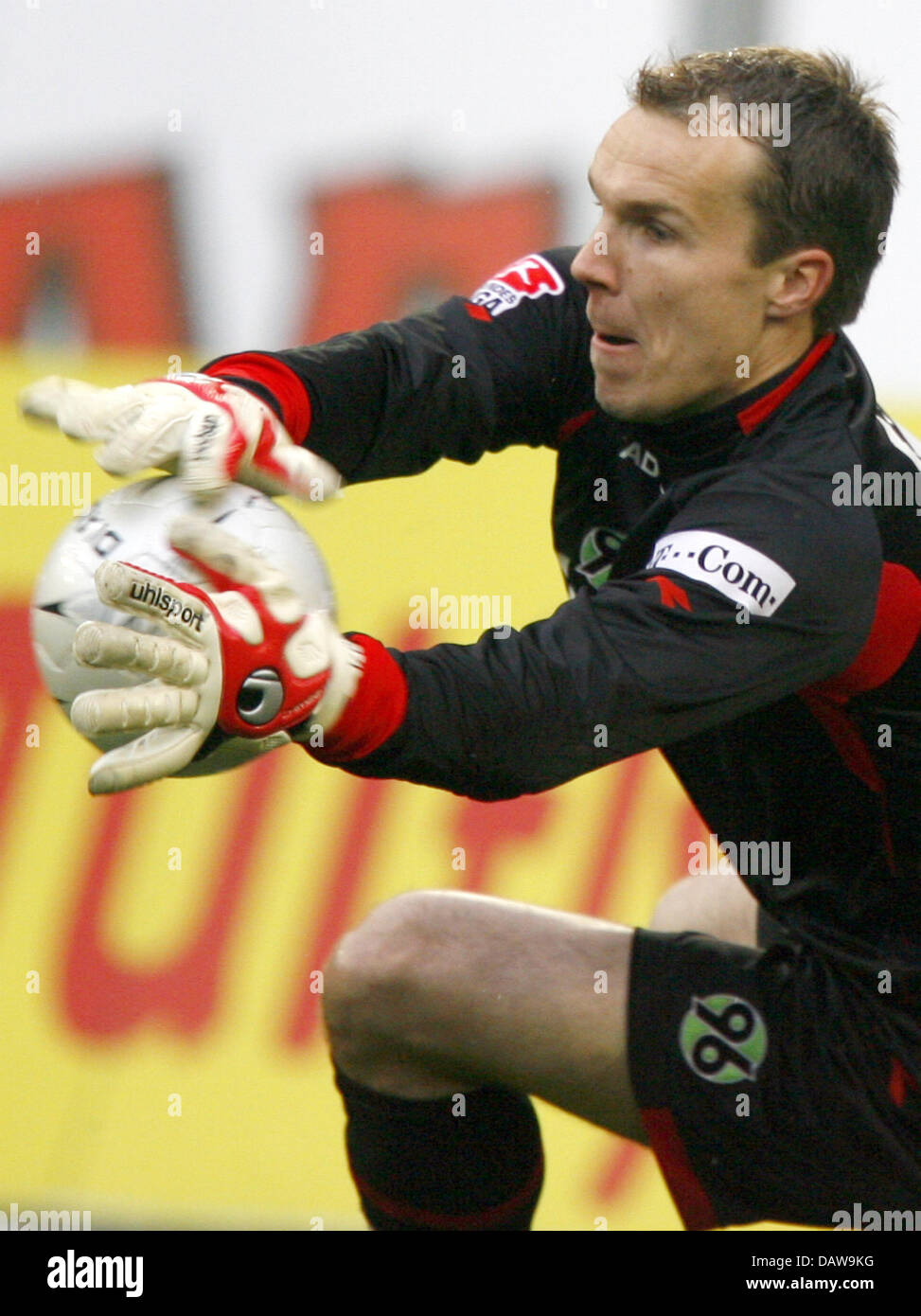 Hanover goalie Robert Enke makes a brilliant save during the Bundesliga ...