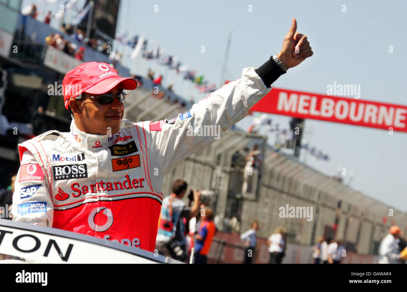 British Formula One rookie Lewis Hamilton of McLaren Mercedes thumbs up ...
